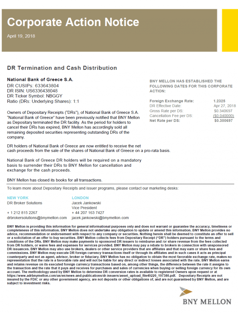 National Bank of Greece S.A: ADR Termination and Cash Distribution ...