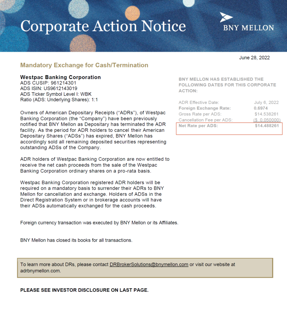 Westpac ADR Update – Termination and Mandatory Exchange for Cash ...